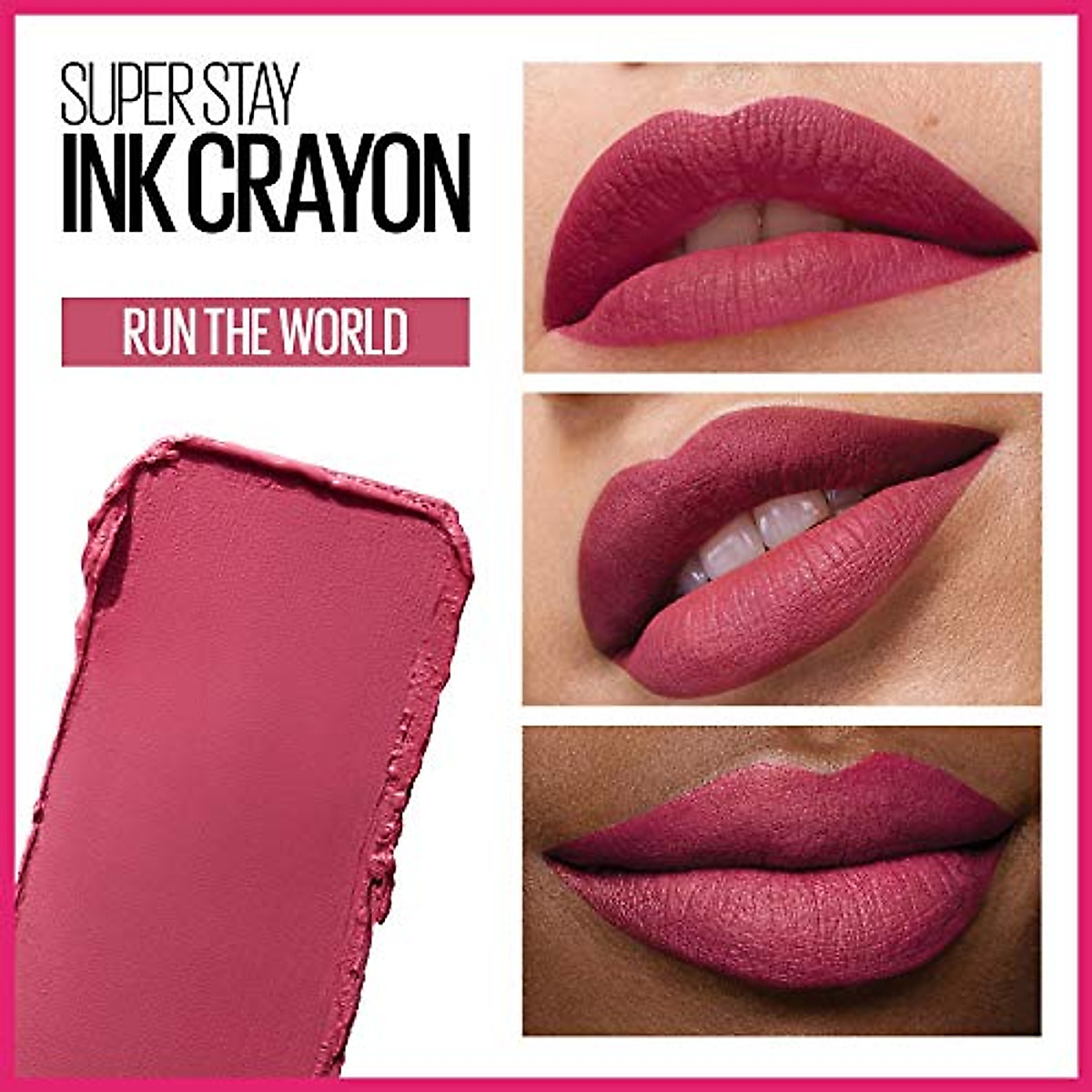 Maybelline Super Stay Ink Crayon Lipstick Makeup, Precision Tip Matte Lip Crayon with Built-in Sharpener, Longwear Up To 8Hrs, Run The World, Magenta Pink, 1 Count