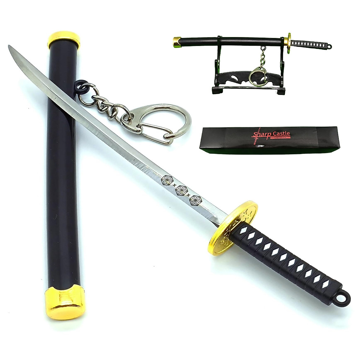 SHARP CASTLE Mini Japanese Katana, 5.7 inches Ultra Sharp Stainless Steel Knife with Scabbard, Anime Katana Keychain, Utility Knife Cutter, Handmade, Craft Use - Black（GT01.BK）