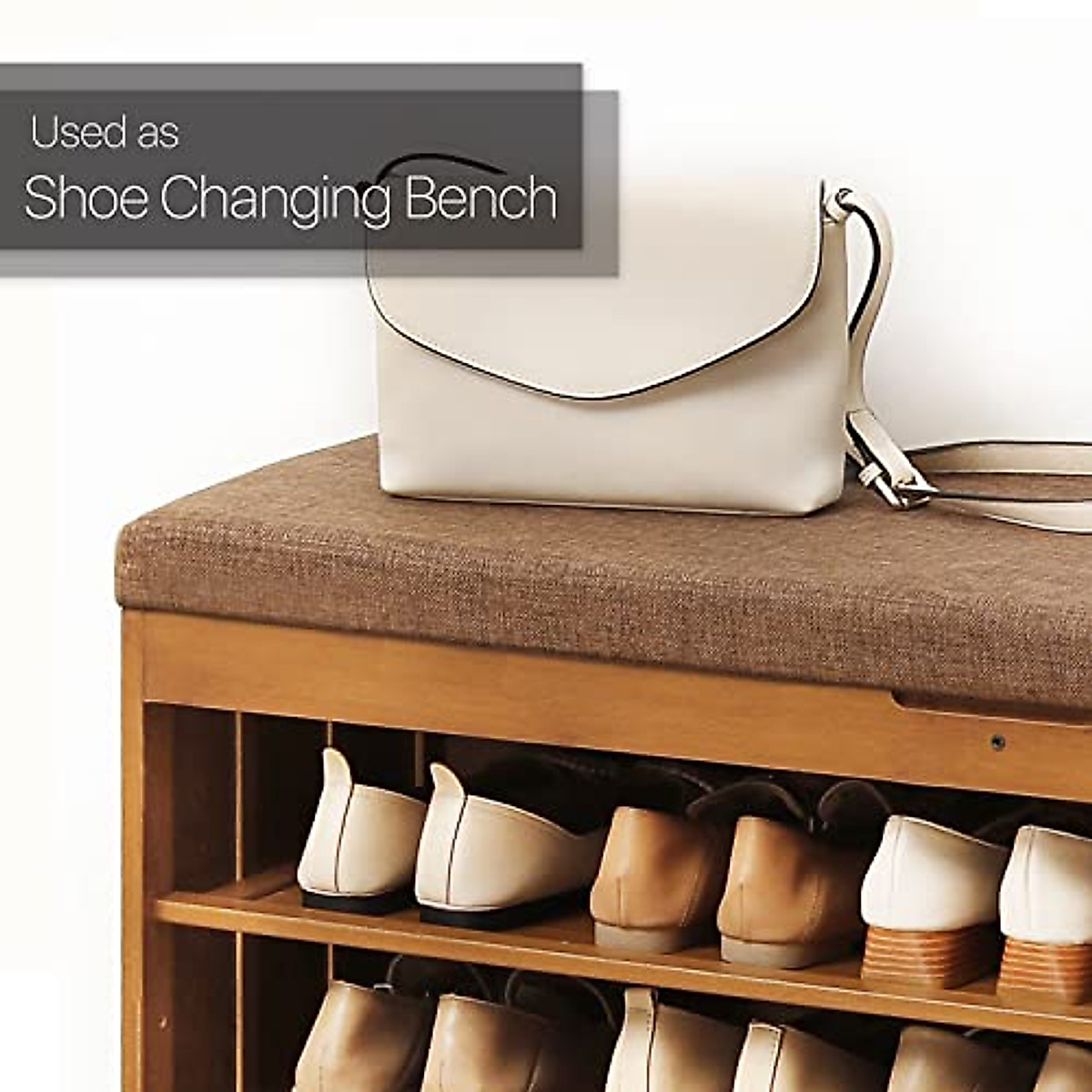 MoNiBloom Bamboo 2 Tiers Shoe Rack Organizer Changing Stool Bench with Flip-Open Storage Box Padded for Hallway, Bathroom, Bedroom - Brown (6-10 Pairs)