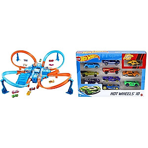Ultimate Hot Wheels Crashing Action with the Criss Cross Crash Track Set! [Amazon Exclusive] & Set Of 10 1:64 Scale Toy Trucks And Cars For Kids And Collectors (Styles May Vary) [Amazon Exclusive]
