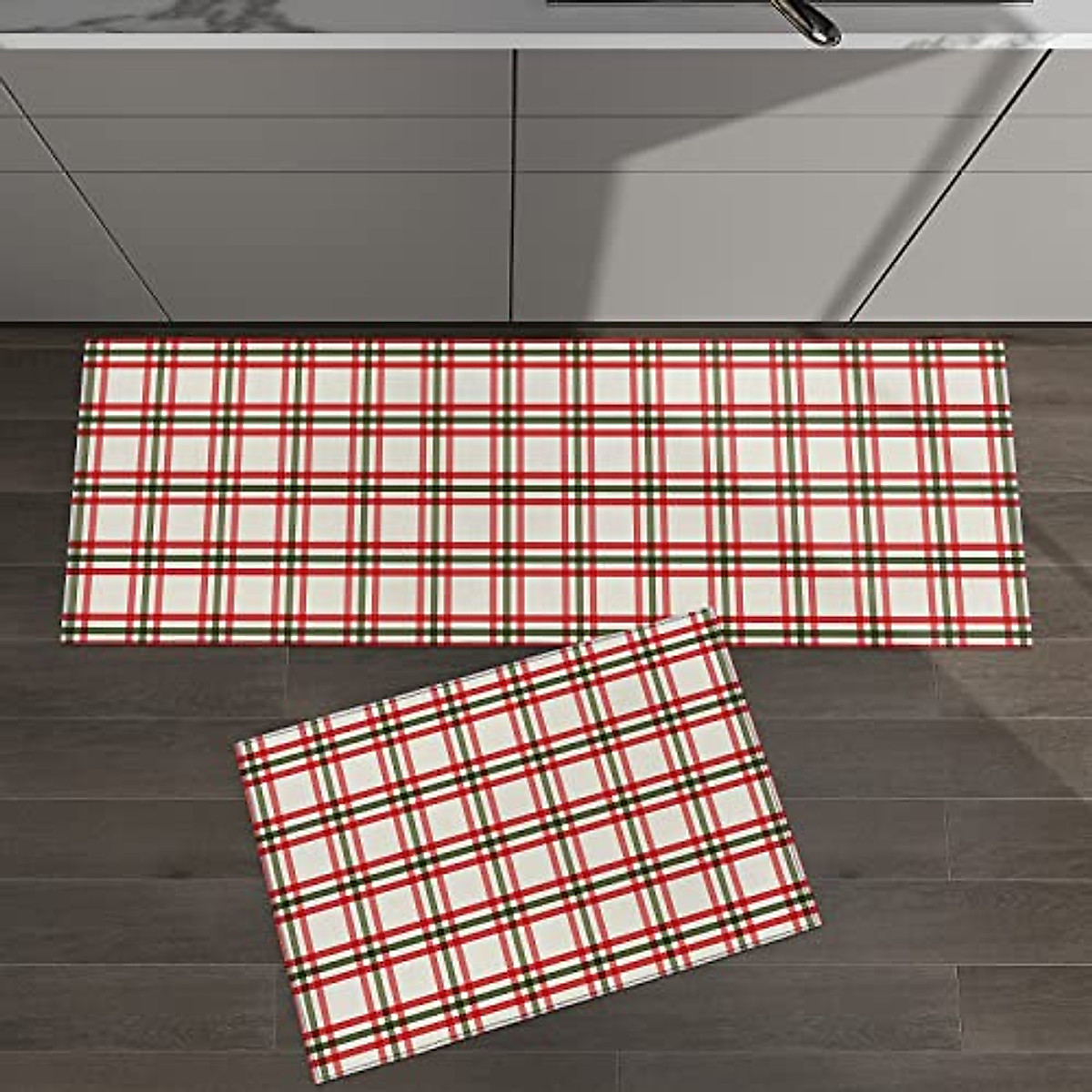 Miaklek Christmas Farmhouse Lattice Kitchen Mats for Floor Anti Fatigue Mats for Kitchen Floor Kitchen Rugs Cushioned Mats Non Slip Comfort Standing Kitchen Rugs Set of 2, Red and Green Plaid