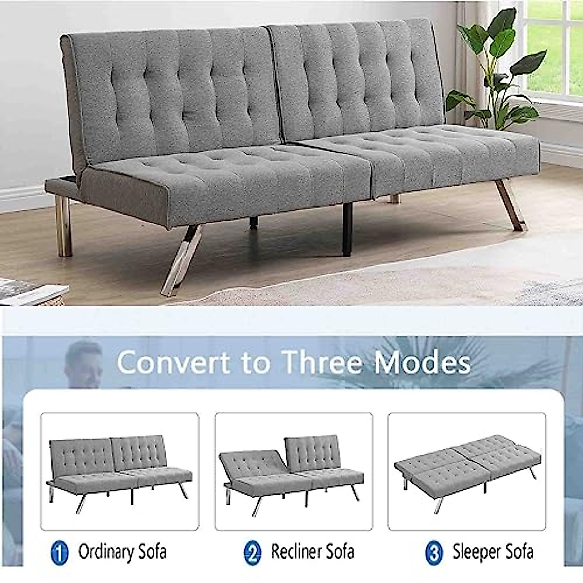 68”Convertible Futon Sofa Bed, Modern Sleeper Couch with Metal Legs, Folding Upholstered Loveseat, Linen Recliner Sofa, Wood Frame, Memory Foam Living Seat for Living Room/Apartment/Office, Grey