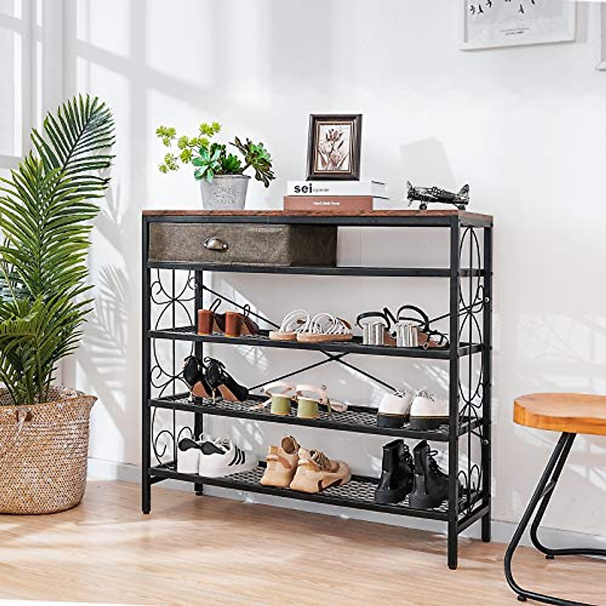 X-cosrack Shoe Rack, 4-Tier Shoe Rack Organizer Industrial Metal Closet wooden vertical Shoe Rack Storage Garage Shoe Stand for Closets Entryway Brown Black