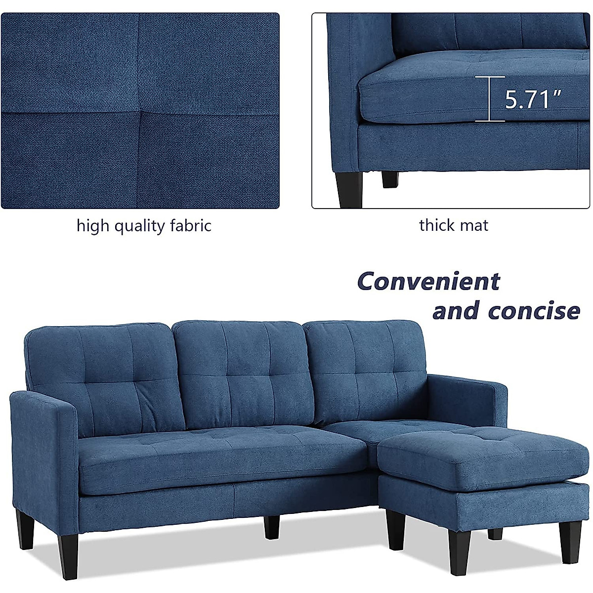 Grepatio Convertible Sectional Sofa Couch, L-Shaped Couch with Modern Linen Fabric for Small Space (Blue)