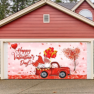 Vlipoeasn Happy Valentine Day Garage Door Cover 6x13ft Large Pink Sky Romantic Love Truck Gnome Valentine's Day Garage Door Banner for Couple Backdrop for Valentine's Day Party Supplies and Decor