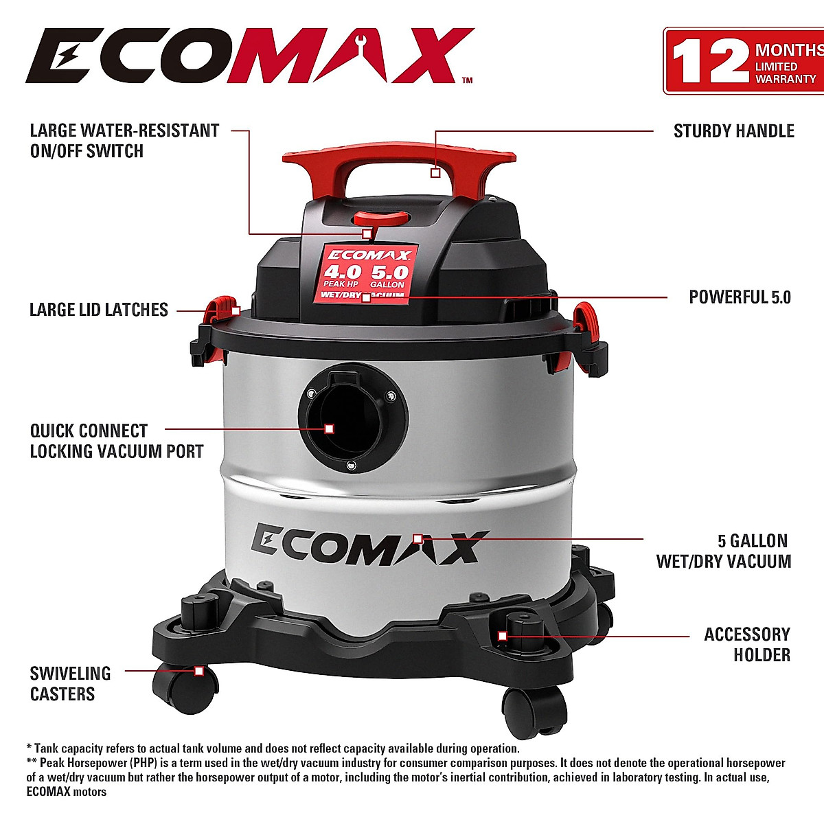 ECOMAX Wet Dry Vac 5 Gallon, 4 Peak HP, Portable Stainless Steel Shop Vacuum Wet/Dry with Powerful Suction-85 CFM, 3-in-1 Wet/Dry/Blow, Shop Vacuum for Home, Workshop, Jobsite, EM18115