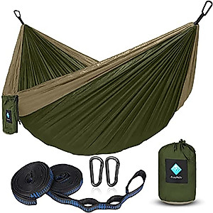 Double Hammocks for Camping, Portable Parachute Hammock for Outdoor Hiking Travel Backpacking - Hammocks Swing for Backyard & Garden 78''W 118''L (Khaki/Green)
