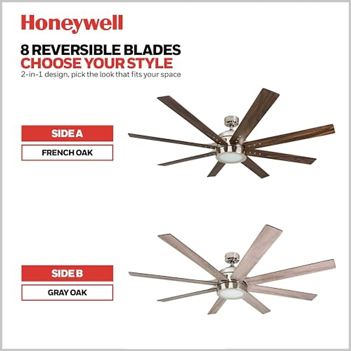 Honeywell Ceiling Fans Xerxes Modern 62 Inch Ceiling Fan with Light, Remote Control Fan, LED Indoor Fan with 8 Blades, French Oak and Gray Oak Blade Finish Options, Brushed Nickel (50608-01)