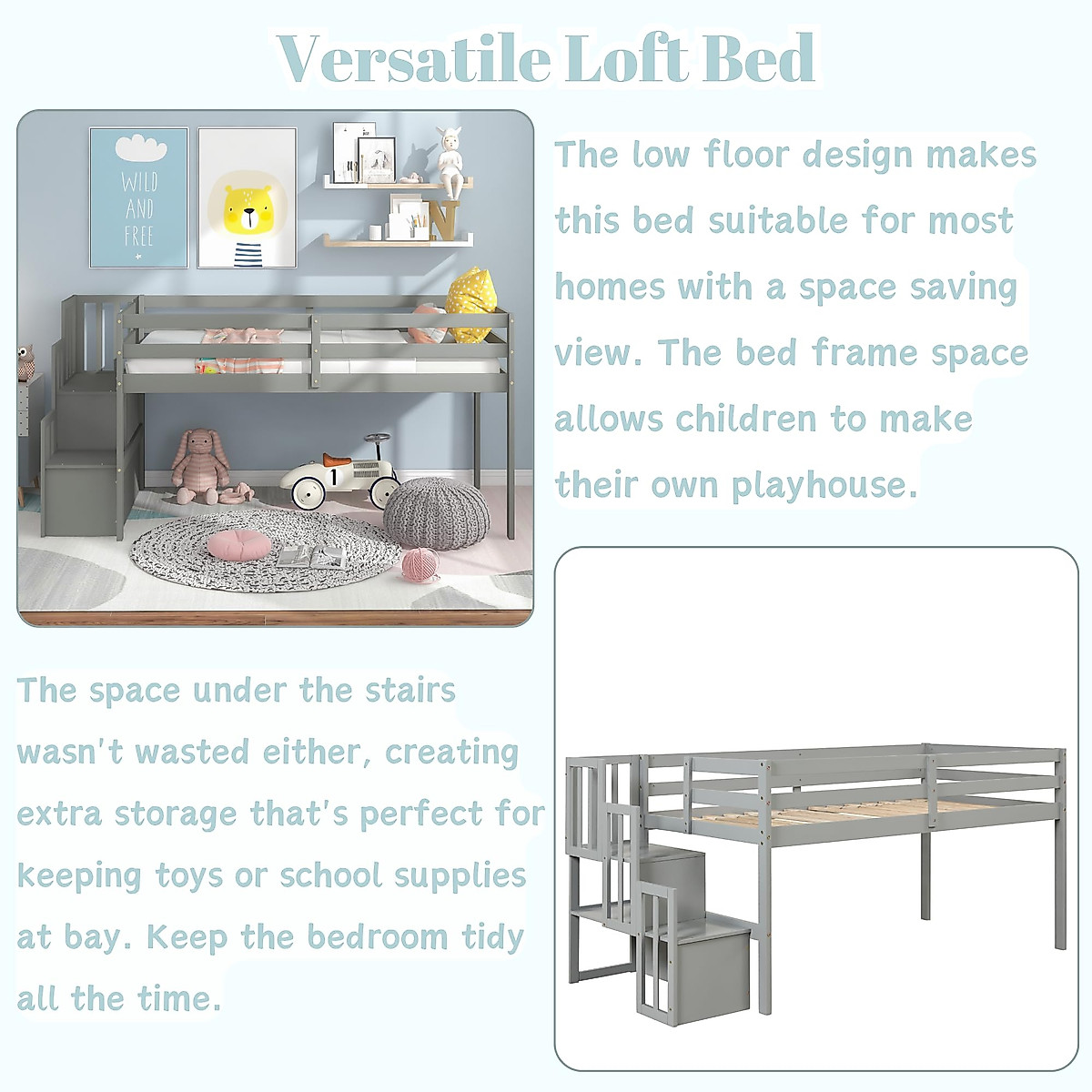 CITYLIGHT Low Loft Bed with Staircase,Twin Size Kids Loft Bed with Step Storage,Wood Loft Bed Frame Twin with Safety Guardrails for Girls, Boys,Grey