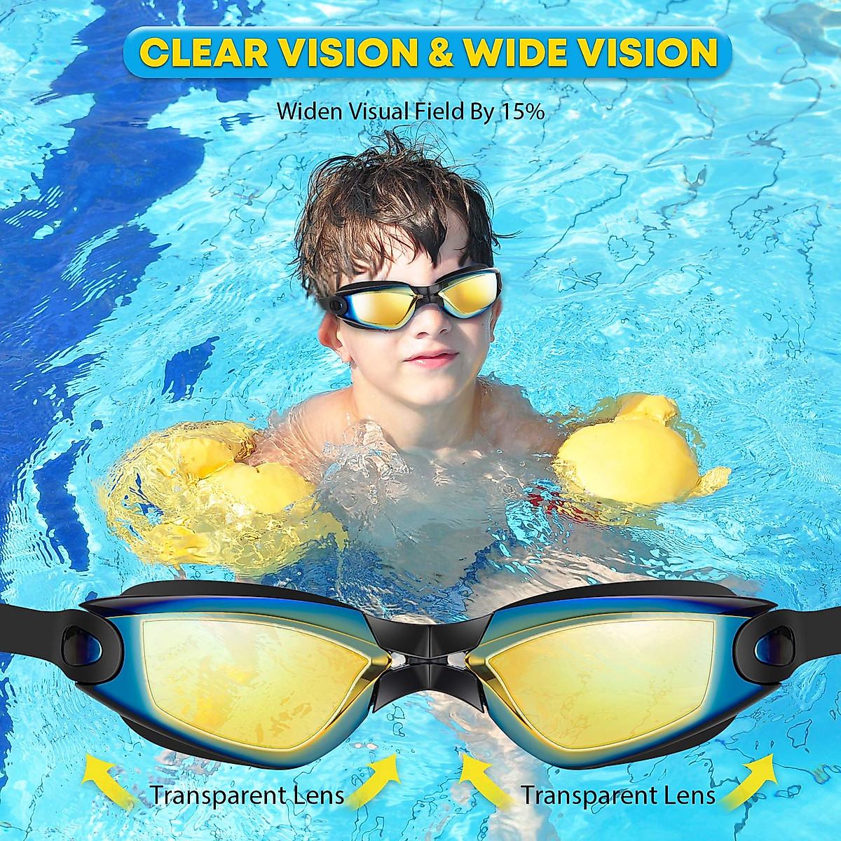 portzon Kids Swim Goggles Anti Fog Swimming Goggles Clear No Leaking for Child, Black