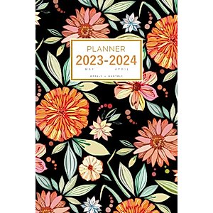 Planner 2023-2024: 6x9 Weekly and Monthly Organizer from May 2023 to April 2024 | Creative Colorful Aster Flower Design Black
