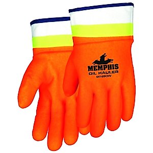 MCR Safety 6410SCHV Premium Double-Dipped Hi-Viz PVC Jersey Lined Sandpaper Finish Men's Gloves with Plasticized Safety Cuff, Orange/Lime, Large, 1-Pair