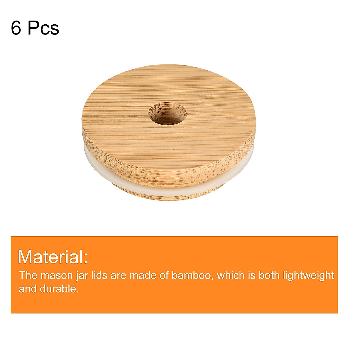 uxcell Mason Jar Lids with Straw Hole, 6pcs - Bamboo Lids with Silicone Ring for Glass Cups 70mm Regular Mouth Leak Proof Fits Storage Jars(Wood Color)