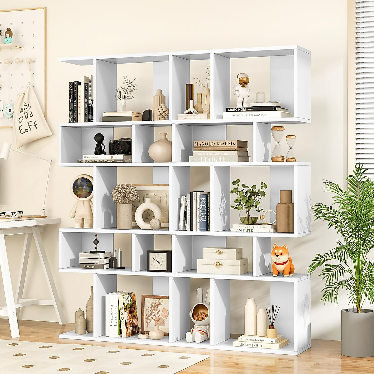 Giantex 5-Tier Geometric Bookshelf White, 70'' Tall Wood Freestanding Decorative Display Open Shelves with Anti-Tipping Device, Each Shelf Holds up to 44 lbs, Wooden S Shaped Bookcase