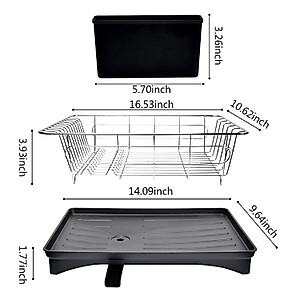DOUBLE 2 C Dish Drying Rack, Stainless Steel Dish Drainer for Kitchen, Small Dish Drainer Rack for Kitchen Counter, Set of Rustproof Dish Rack and Drainboard (Black)