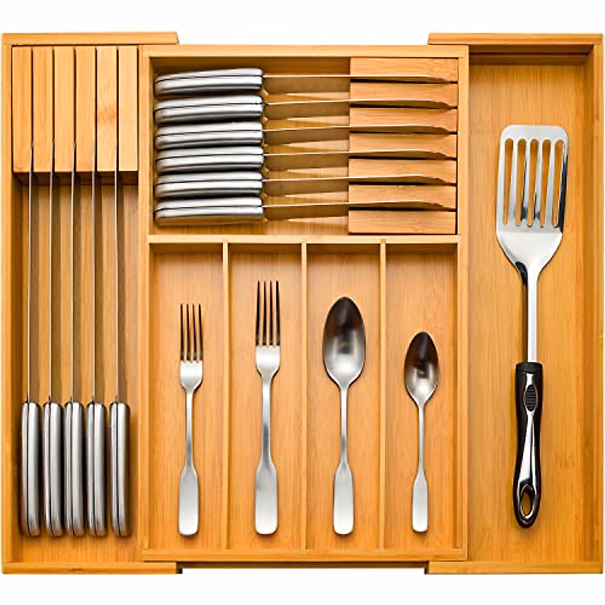 Bambüsi Bamboo Drawer Organizer Tray Adjustable Drawer Organizer with Removable Dividers