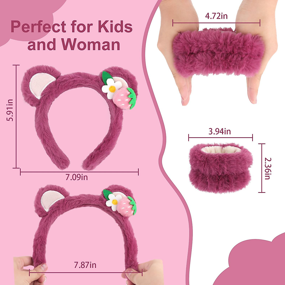 CAVETEE 3 Piece Cute Headband Set for Women - Elastic Makeup, Skincare, and Spa Headband with Wristband