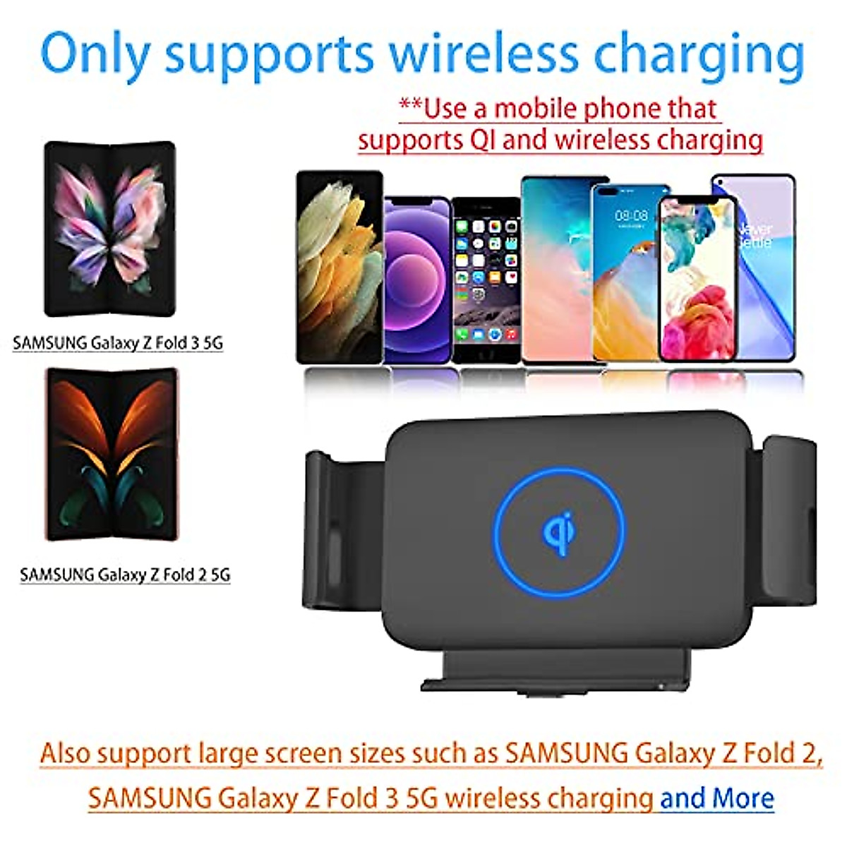 Wireless Car Charger Mount Compatible for Samsung Galaxy S23 Ultra/Z Fold 4/Z Fold 3/S22 Ultra/S21,10W Car Phone Holder for iPhone 14 Pro Max 13 12 11 Series, Auto Clamp Air Vent Galaxy Fold Car Mount