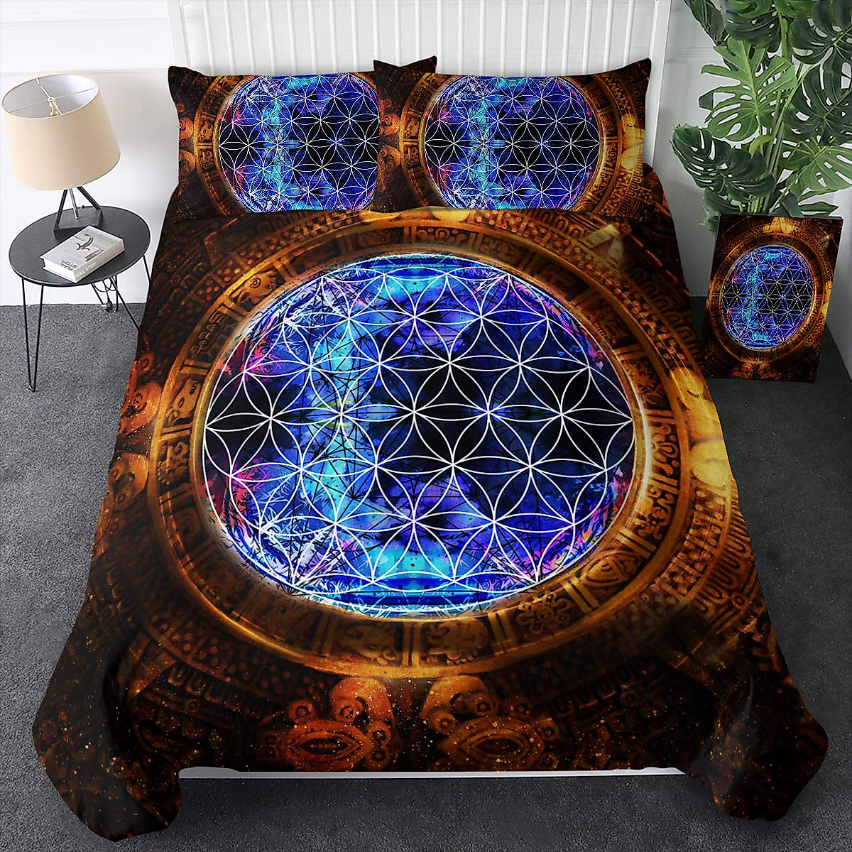 Sleepwish Neon Mandala Bedding Queen Set Boho Hippie Duvet Cover Ancient Mayan Calendar 3D Print Abstract Comforter Cover (3 Piece, Orange and Blue)
