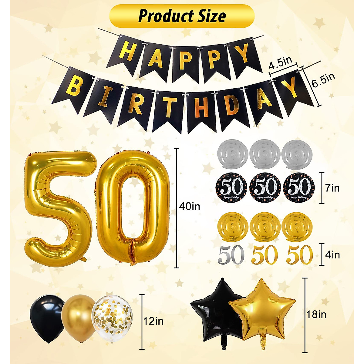 50th Birthday Decorations for Men Women, Over The Hill Party Supplies 50th Birthday Balloons Happy Birthday Banner Hanging Swirls for 50th Birthday Anniversary Decorations Black and Gold Party Decor