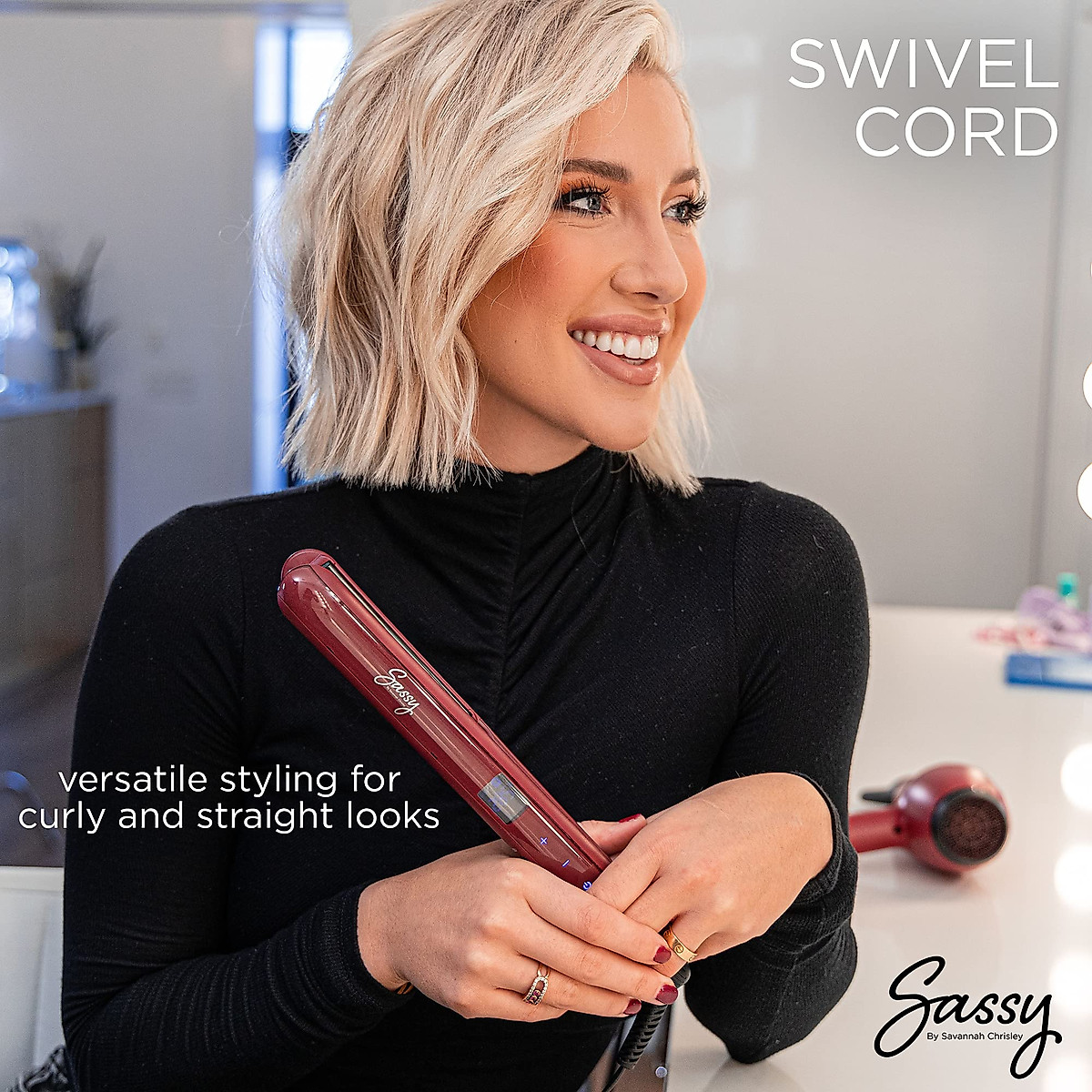 Sassy 1” Titanium Flat Iron, Adjustable Heat Hair Straightener with Ion Generator, Liquid Crystal Display with 10 Temperature Settings (Maroon)