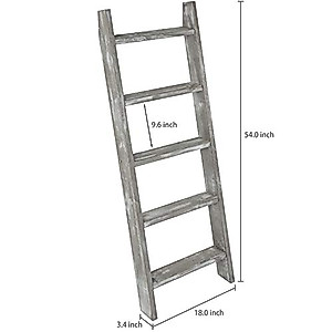 MyGift Gray Washed Wood Decorative Ladder Shelf, 4.5 Foot Wall Leaning Wooden Towel Blanket Ladder Storage Rack for Bathroom or Living Room