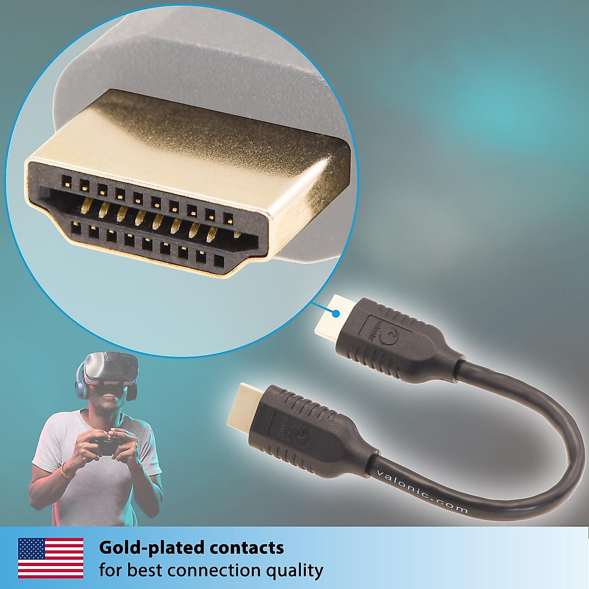 valonic Short HDMI Cable - 0.6 ft, 4k, high Speed, Ultra HD, ethernet - Compatible with Nintendo, PS5, TV, PS4, Xbox, Black, Small, Thin