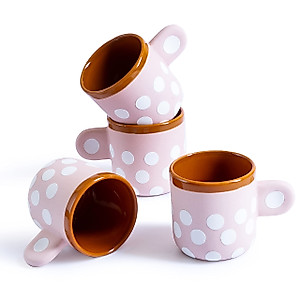 KAKI Espresso Cups Set of 2-3 Ounce, Clay Espresso Cups Pink with White Polka Dot, Handmade Expresso Coffee Cup for Coffee Lovers, Gifts for Mom, Dad or Friends (Pack 2)