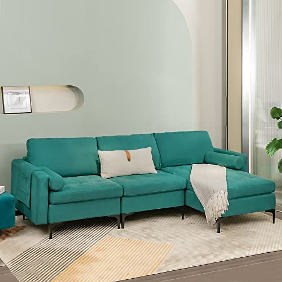 KOMFOTT 97-Inch Extra Large Convertible Sectional Sofa Couch, 3-Seat L Shaped Sofa with Reversible Chaise Lounge, Power Socket & 2 USB Ports, 2 Bolsters, Modular Sleeper Sofa Couch for Living Room