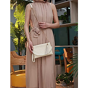 Hupifaz Quilted Crossbody Bag - Double Pouch Clutch Purses for Women, Formal Evening Clutch, Large Wristlet Bag with Pearls (Beige)