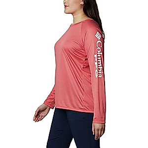 Columbia Women's PFG Tidal Tee Heather Long Sleeve Shirt, UV Protection, Moisture-Wicking, Winter Green Heather/White Logo, Medium