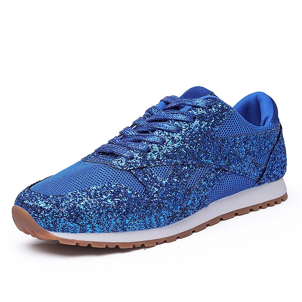 Womens Glitter Sneakers Lace up Girls Sparkly Fashion Sneakers Outdoor Flats Breathable Lightweight Sparkly Metallic Sequins Casual Sparkle Round Toe Flatform Walking Shoes Tennis Shoes Royal Blue 38