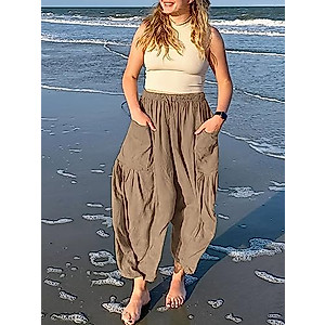 LILLUSORY Women Linen Summer Fall Fashion Outfits Clothes Palazzo Casual Flowy Pants 2023 Wide Leg Trousers Lounge Drawstring Loose Lightweigt Beach Trendy Harem Hippie Pants with Pocket Khaki