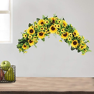 MGQ Artificial Sunflower Swag,27.6 Inch Rustic Artificial Floral Swag Decorative Swag with Sunflowers Green Leaves,Wedding Arch Flowers,Handmade Garland,Front Door Hanging Wreath for Home Garden Decor