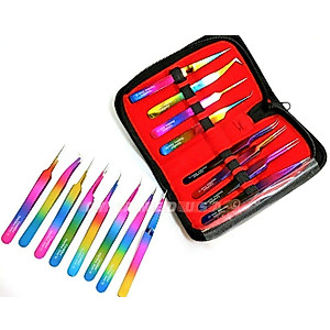 Cynamed -Set of 8 pcs High Precision Multi Rainbow Color German Stainless Steel 3D 5D 6D Volume False Eyelash Extension Tweezers