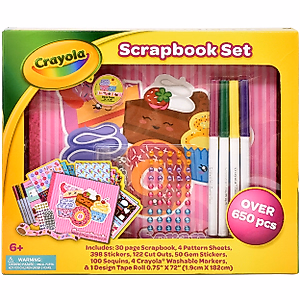 Crayola Scrapbook Activity Craft Kit, Mess Free Journal Set for Kids, Drawing Art Supplies Included Scrapbook, Pattern Sheets, Cut Outs, Gem Stickers, Sequins, Crayola Washable Markers and Tape