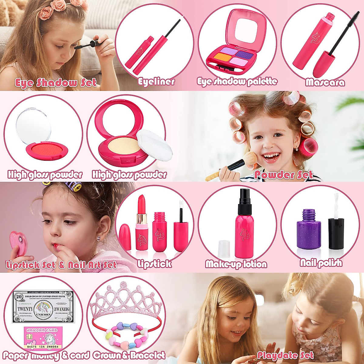 Toddler Girl Toys, Unicorn Pretend Makeup Kit for Girls, Kids Play Makeup Set for Kids 3-5 4-6, Toddler Makeup Kit with Fake Makeup Set, Car Key & Make up Toy for Age 3 4 5 Year Old Girl Gifts
