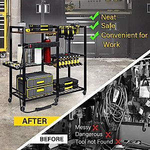 TC-HOMENY Power Tool Organizer Garage Storage with Charging Power Strip, 28 Drill Rack Tool Holder Racks Rolling Tool Cart on Wheels, Tool Shelf Organizer, Garage Workshop Gifts for Men Dads