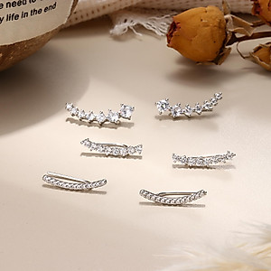 FINREZIO 6Pairs Ear Cuffs Climber Hoop Earring CZ Arrow Crawler Stud Earring Jacket for Women Silver