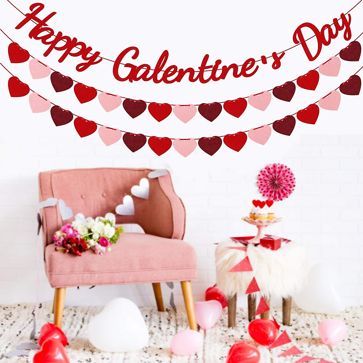 Happy Galentine's Day Felt Banner - No DIY Required - Galentine's Day Decorations - Valentines Felt Heart Garland Banner - Galentines Day Party Ladies Celebration Decorations Supplies