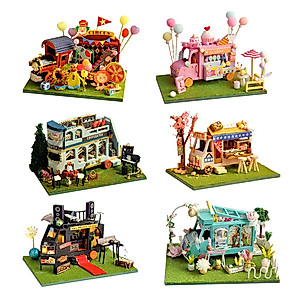 WYD 6pcs DIY Mini Car Train Shop House Combined Bus Shop Street Model 3D Wooden Miniature Dollhouse Kit with LED Lights and Furniture Kits (6PCS Car) for Friends