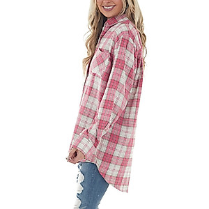 Jug&Po Womens Casual Cuffed 3 4 Long Sleeve Plaid Button Down Shirts Blouse Tops (Small, Bright Pink)