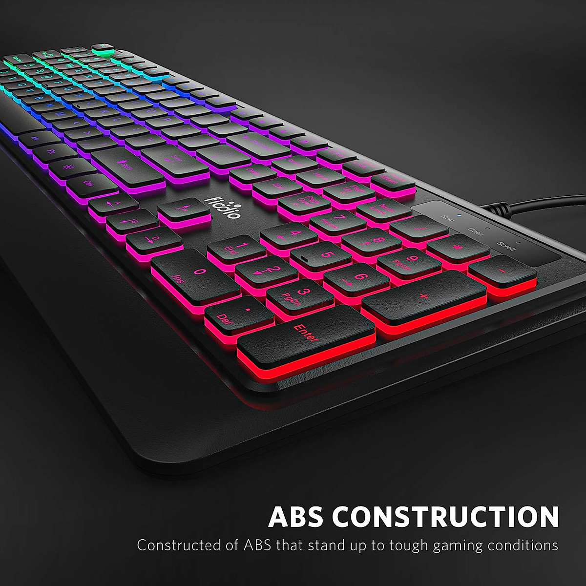 Fiodio Rainbow Membrane Gaming Keyboard, Quiet Wired Computer Keyboard, 104 Silent & 26 Anti-Ghosting Keys, Spill Resistant, Multimedia Control for PC and Desktop