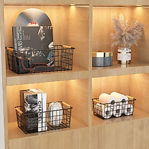 YOUVIP Wire Storage Baskets with Wooden Handles, 3 Pack Metal Organizer Baskets for Kitchen, Pantry, Freezer, Laundry,Farmhouse,Bathroom Baskets for Organizing,Black (1 Small, 1 Medium, 1 Large)