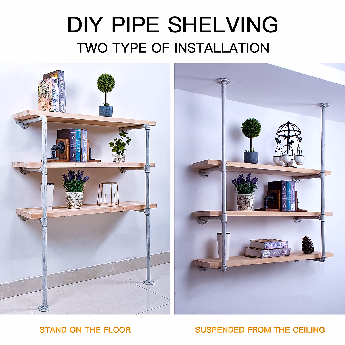 LINKPIPES Industrial Pipe Shelving, Shelf Brackets DIY Open Book Shelf for Office Room Kitchen Wall Shelves(2Pcs 3Tier,46.9" Tall,11" deep,Hardware Only)