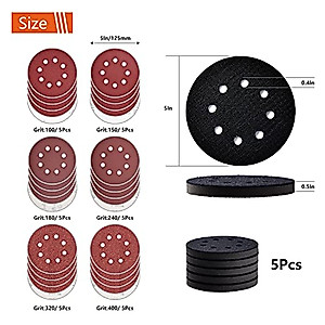 Tshya 5 Pcs 5 inch 8 Holes Hook and Loop Backing Sponge Pad Soft Density Interface Pads Buffer Backing Cushion with 30 Pcs 5 inch Sanding Discs Include 100/150/180/240/320/400 Grit