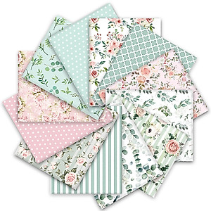 Whaline 12Pcs Spring Cotton Fabric Bundles 18 x 22 Inch Floral Greenery Printed Fat Quarters Pink Green Retro Quilting Patchwork Squares Sewing Fabrics for DIY Handmade Crafting Home Party Decor
