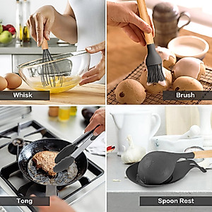 LIANYU 33-Piece Silicone Kitchen Cooking Utensils Set with Holder, Wooden Handle Heat Resistant Cookware Utensils Set, Non-Stick Kitchen Tools for Baking Cooking, Black Gray