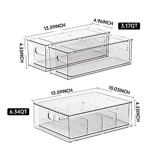 Vonbryzy 3 Pack Stackable Refrigerator Organizer Bins with Pull-out Drawer, Clear Fridge Drawer Organizer with Handle, Large Food Storage Containers for Kitchen, Pantry Organization, Cabinet, Freezer