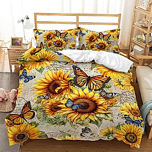 AILONEN Sunflower Duvet Cover Set Queen Size,Sunflower Bedding Sets Butterfly Comforter Cover Set,Retro Sunflower Printed Yellow Flower Comforter Cover Set 3 Pieces, 1 Quilt Cover and 2 Pillowcases